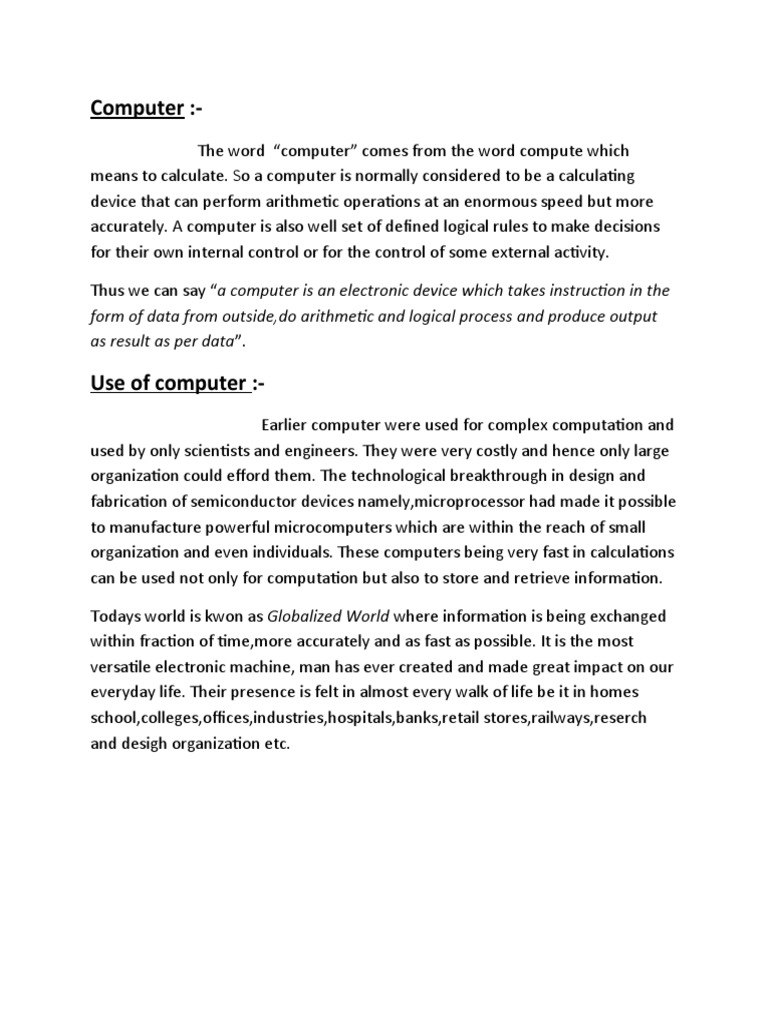 Computer:-: Form of Data From Outside, Do Arithmetic and Logical ...