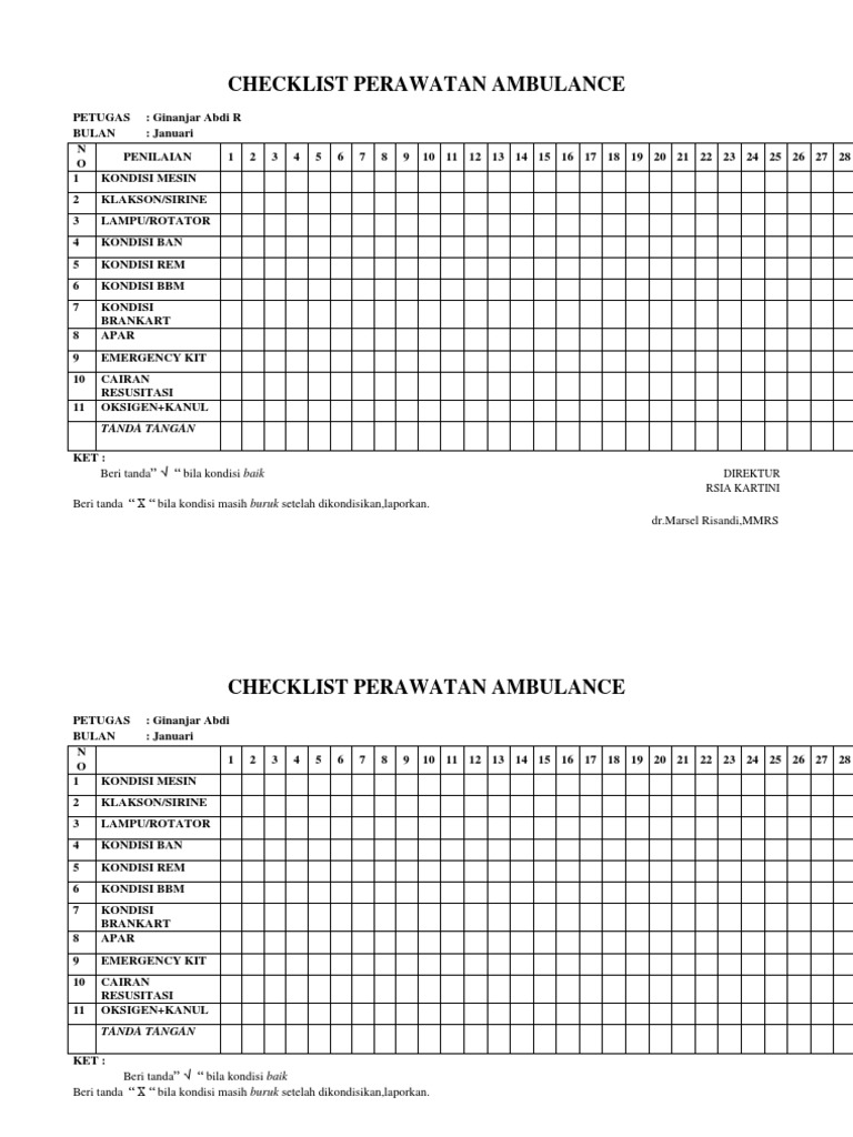 Checklist Perawatan Ambulance | PDF
