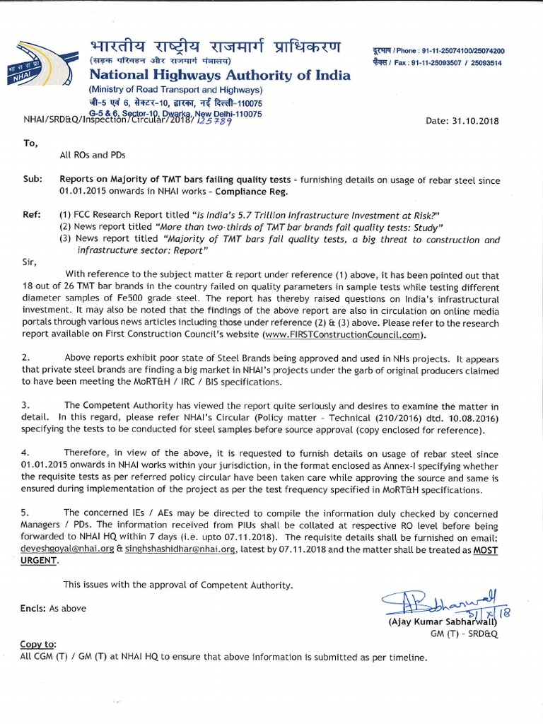 Nhai Circular No - 125789 On Majority of TMT Bars Failing Qulailty ...
