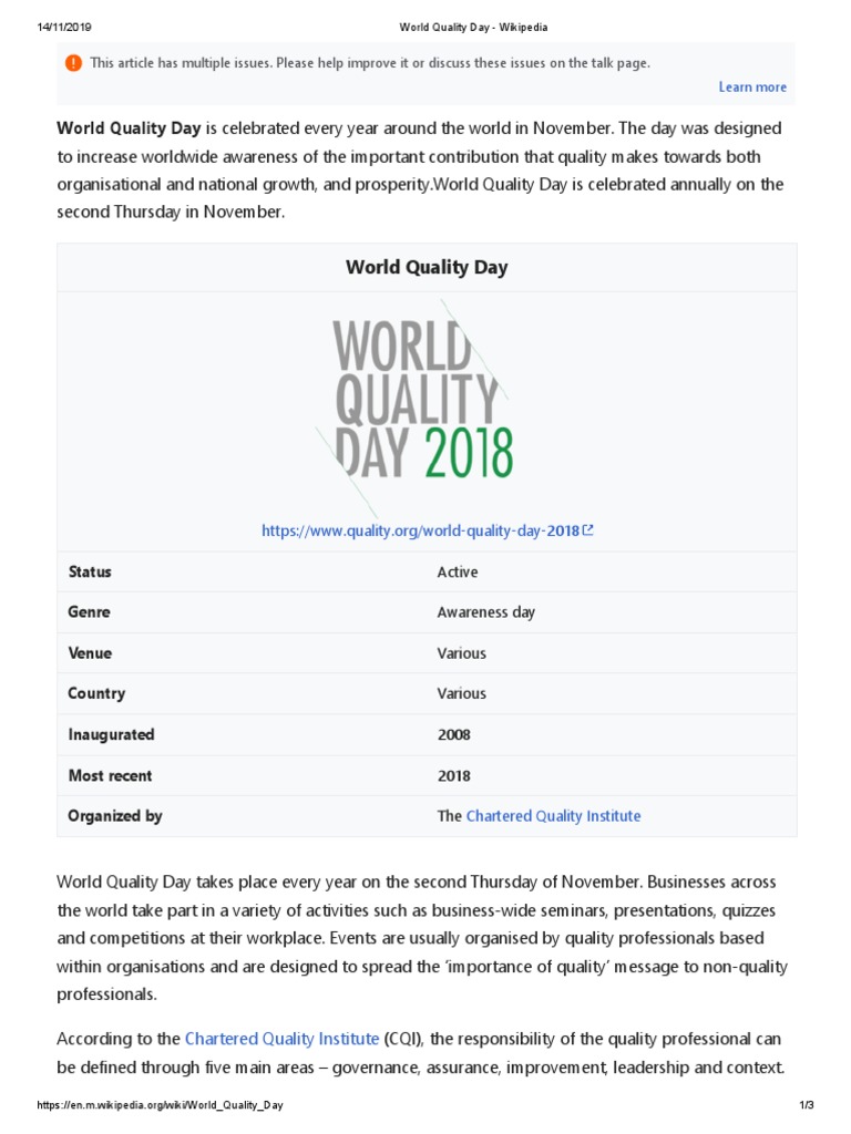 World Quality Day: History & Celebration | PDF