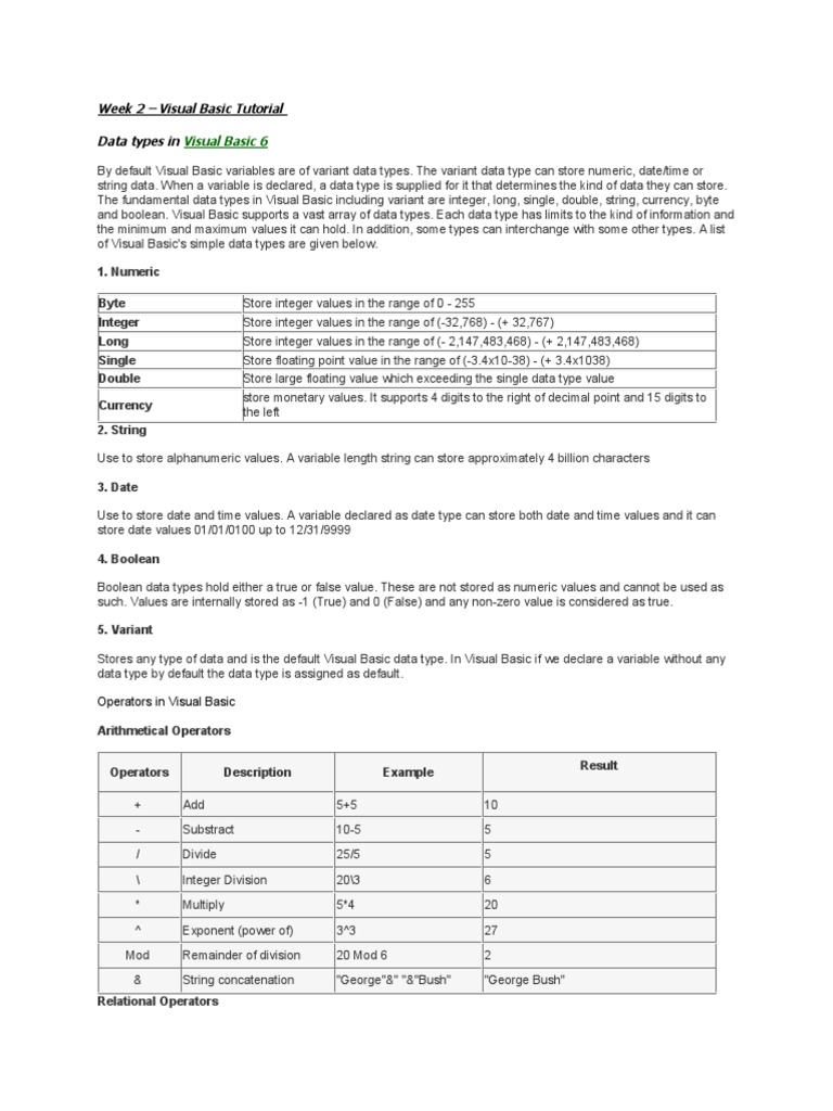 Week 2 Visual Basic Tutorial Pdf Data Type Software Engineering