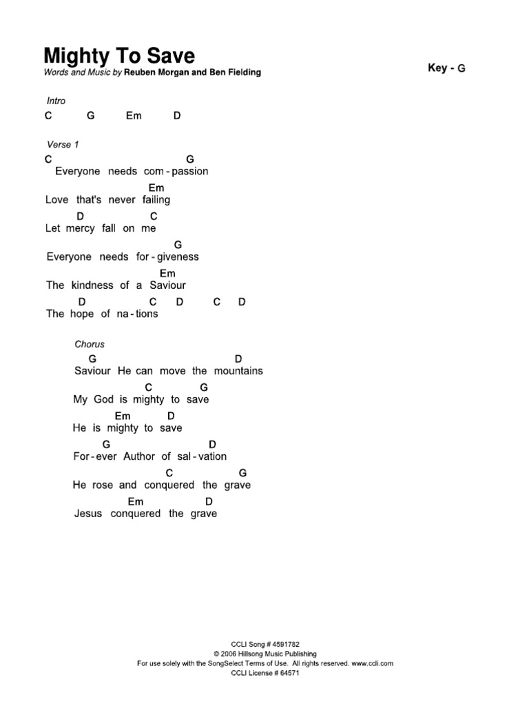Mighty To Save - CHORD SHEET - Key G PDF | PDF