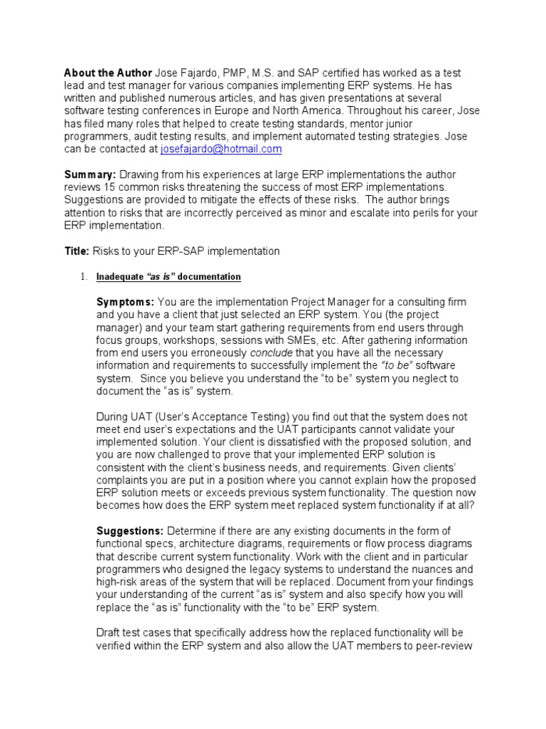 SAP Implementation Risks | PDF | Enterprise Resource Planning | Automation