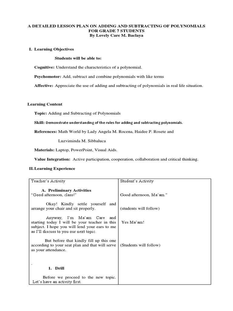 A Detailed Lesson Plan On Adding and Subtracting of Polynomials For ...
