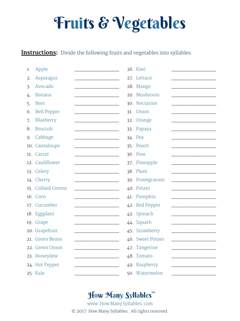 Fruits and Vegetables-Syllable Division | PDF