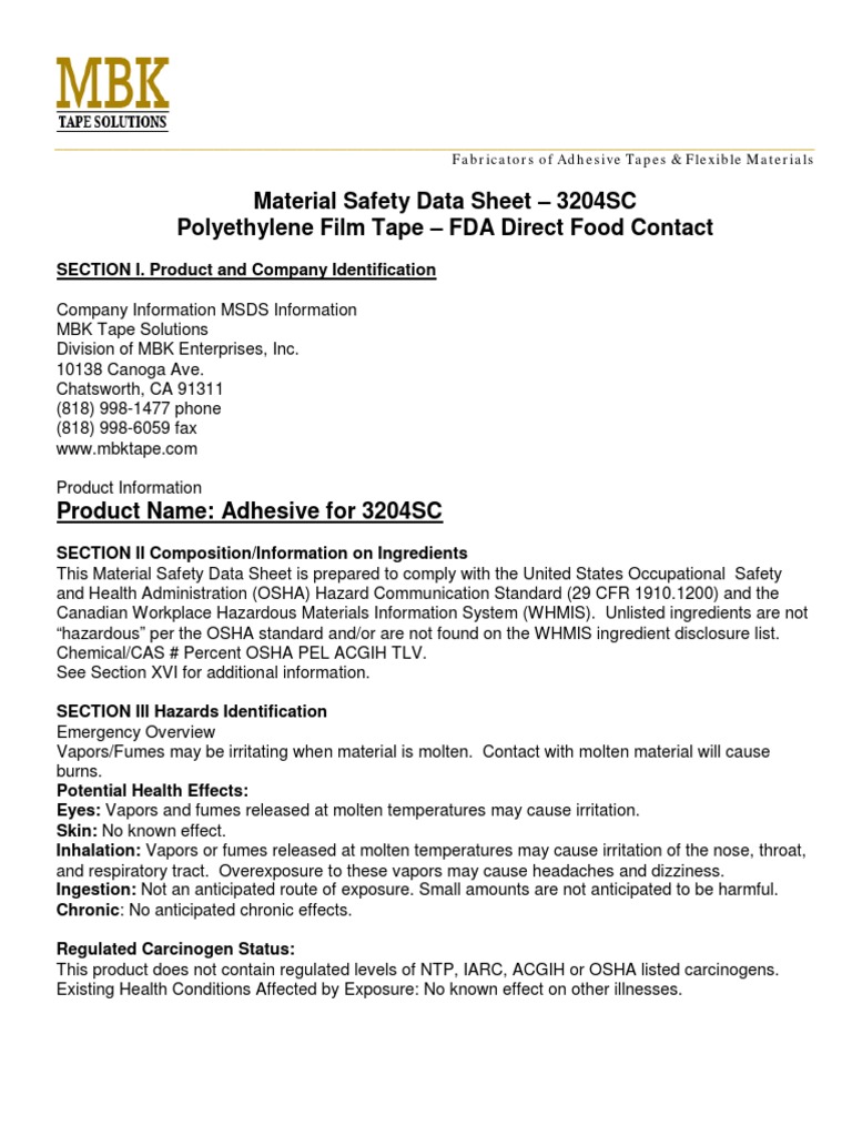 MBK 3204SC LDPE Film FDA Direct Food Contact Tape MSDS 2014 | PDF
