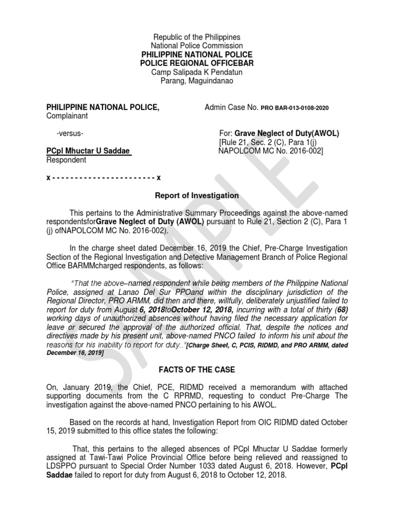 Sample Report of Investigation | PDF