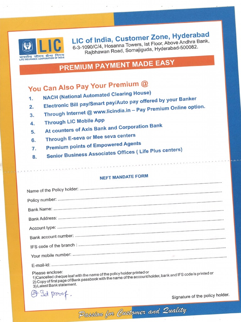 LIC Neft Mandate Form | PDF
