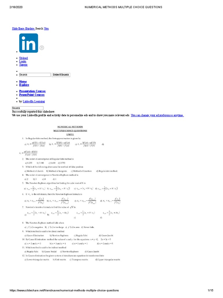 Numerical Methods Multiple Choice Questions | PDF