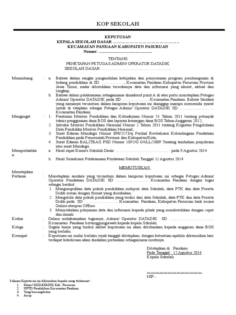 SK Penetapan Operator Datadik SD | PDF