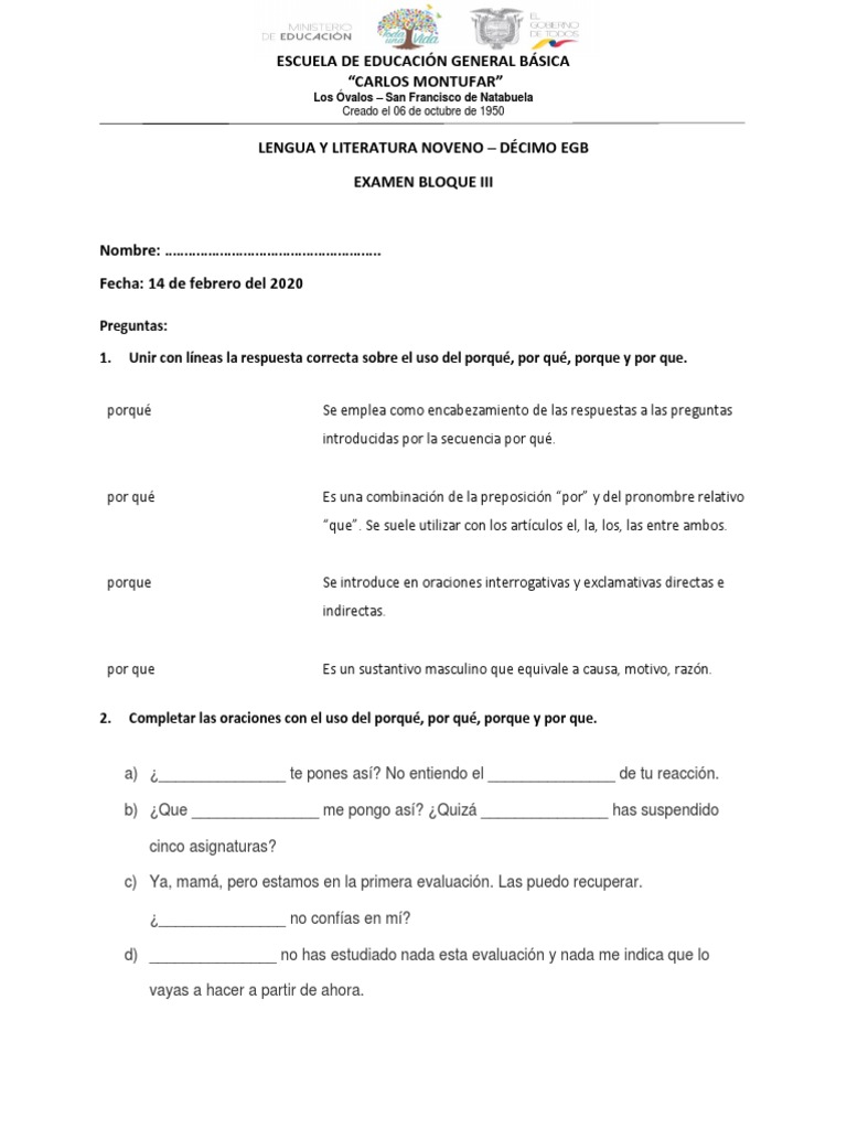 Examen Bloque 3 Lengua y Literatura 9no - 10mo | PDF