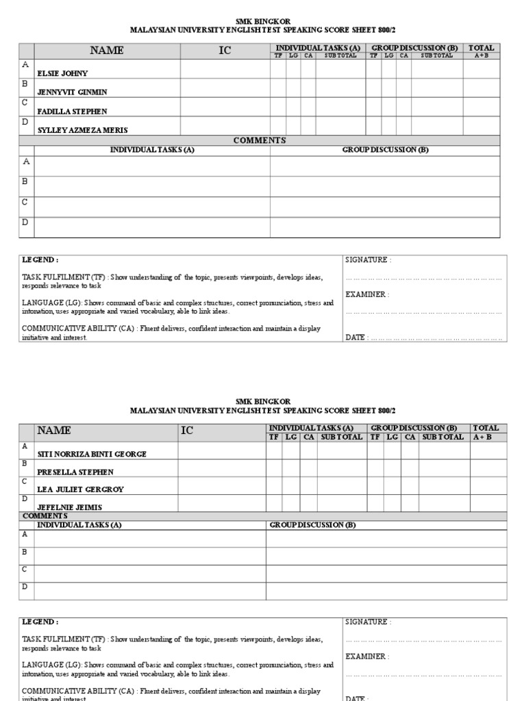 Muet Speaking Score Sheet