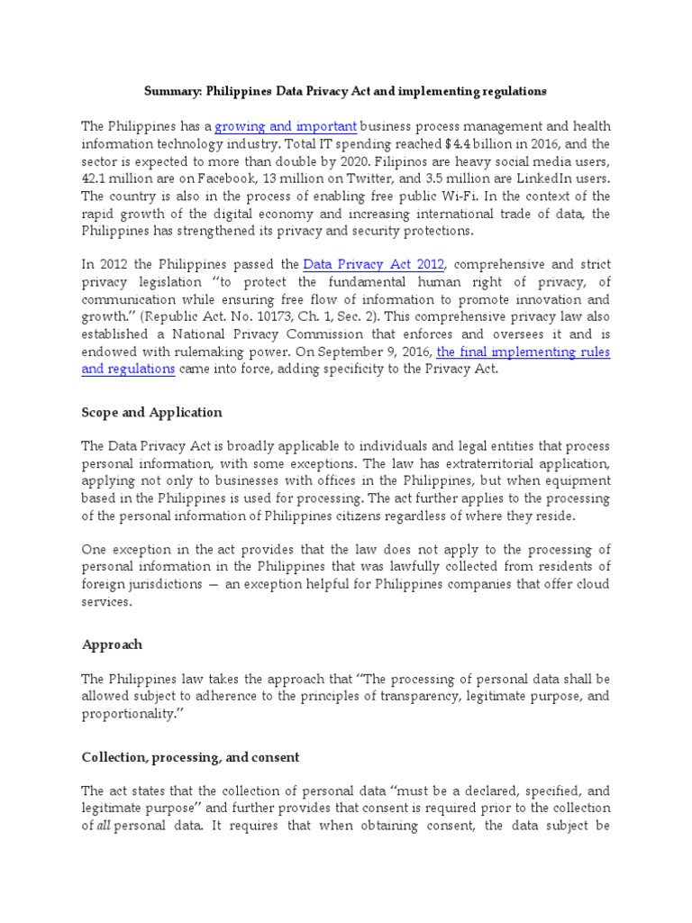 Philippines Data Privacy Act Summary | PDF | Social Science | Law