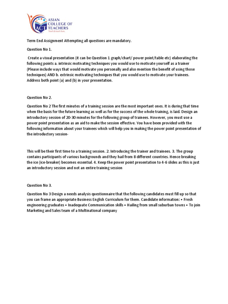 TTT 360 Hour Term End Assignment PDF | PDF