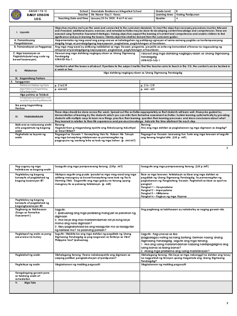 DLL Template #3 (AP 8) 4th Grading 1st Week | PDF