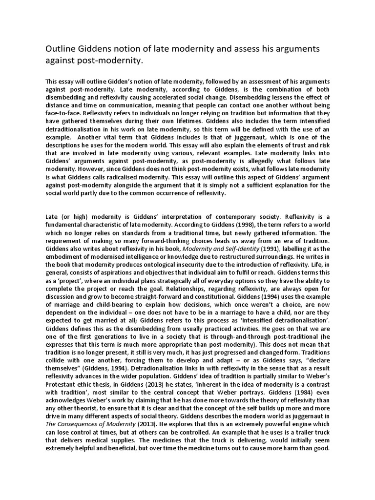 Giddens' Late Modernity and Arguments Against Postmodernity | PDF ...
