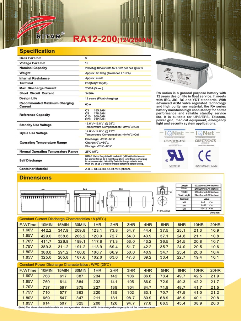 RA12-200 Battery Specs - 12V 200Ah AGM Battery for UPS, Telecom ...