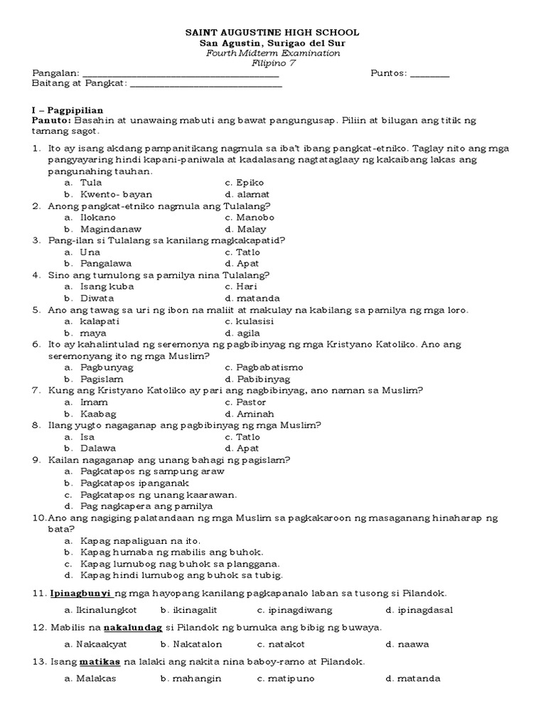 Pagsusulit Sa Filipino 7 | PDF