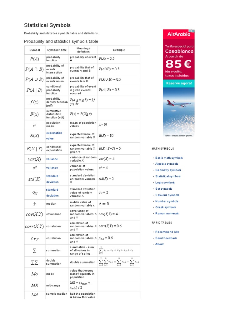 Statistical Symbols & Probability Symbols | PDF