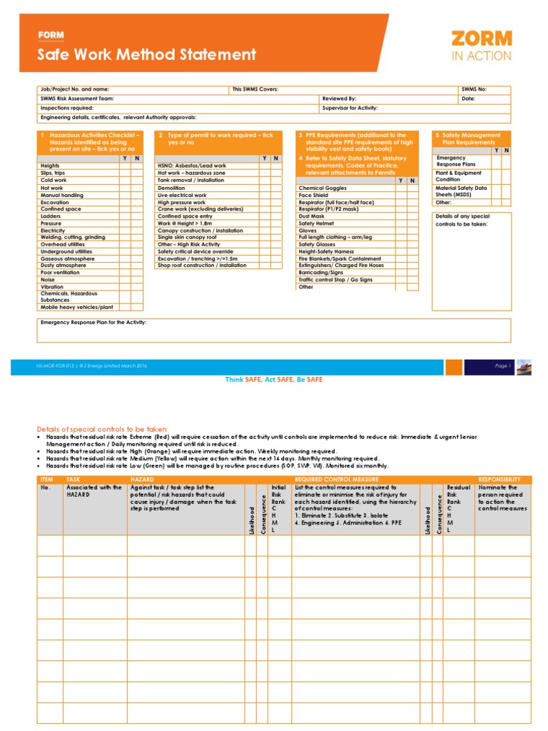 Safe Work Method Statement Form | PDF