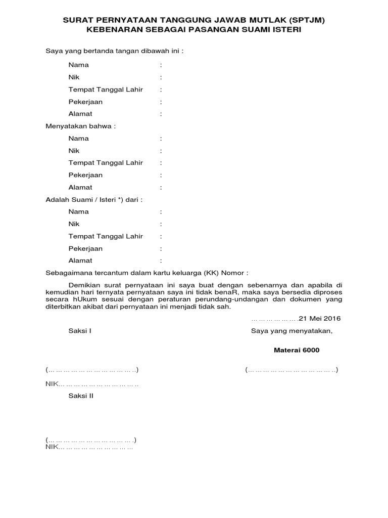 Surat Pernyataan Tanggung Jawab Mutlak (SPTJM) | PDF