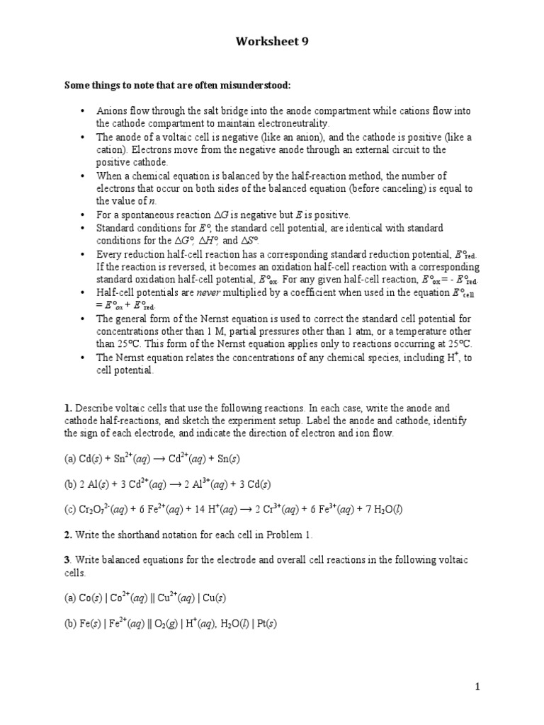 Electrolysis Worksheet | PDF
