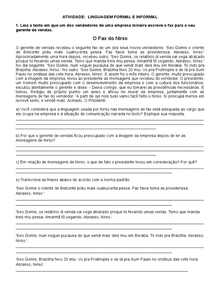 Linguagem Formal e Informal - O Fax Do Nirso | PDF