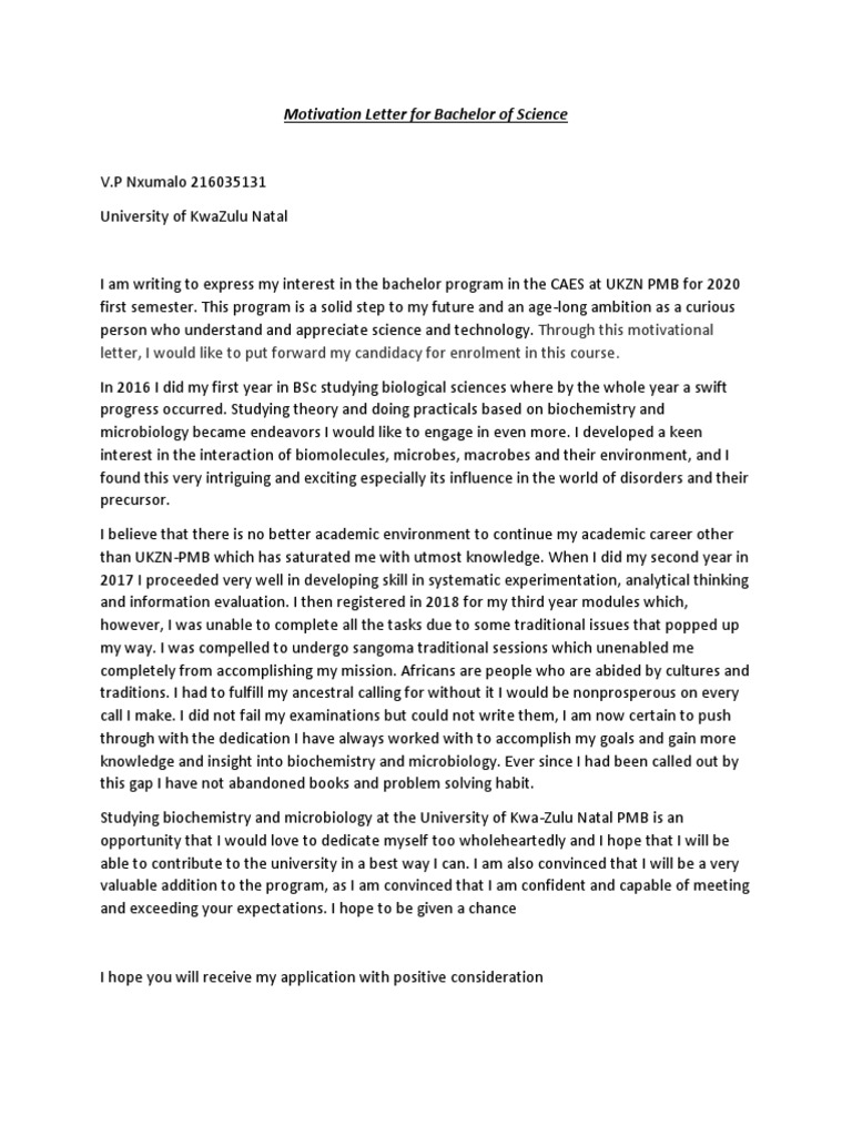 Motivation Letter For Bachelor of Science | PDF