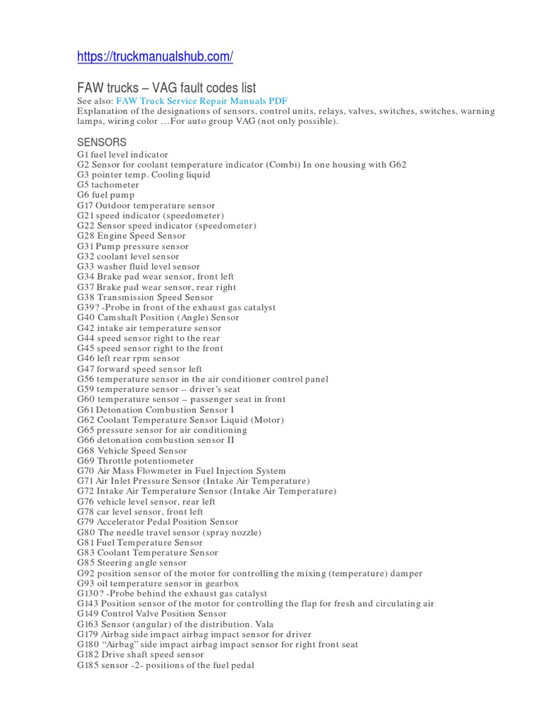 FAW Trucks Fault Codes List | PDF