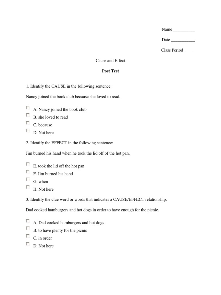 Cause and Effect Post Test | PDF