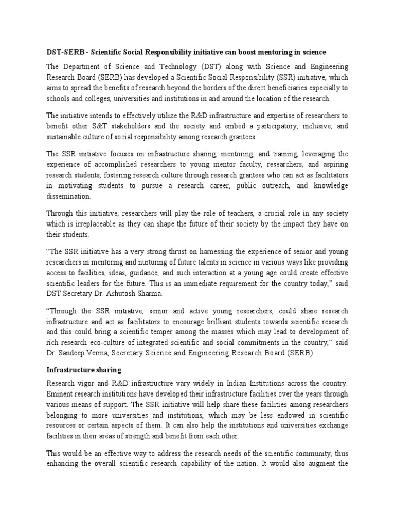 DST-SERB - Scientific Social Responsibility Initiative Can Boost ...