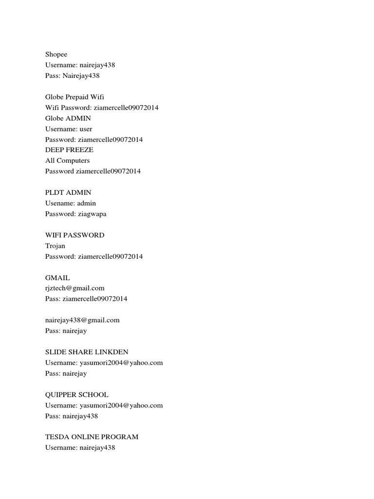 Username And Password PDF