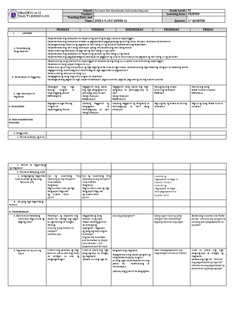 Grade 6 DLL FILIPINO 6 Q1 Week 1 | PDF