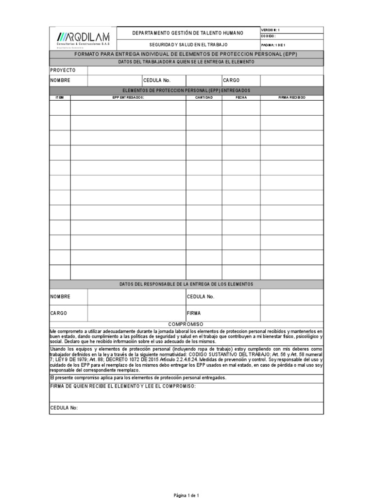 Formato-Para Entrega Individual de Elementos de Proteccion Personal (Epp) | PDF