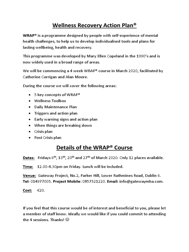 Wrap Wellness Recovery Action Plan Worksheets