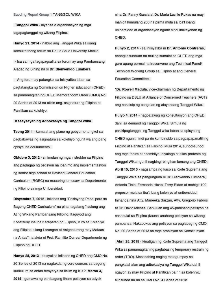 Buod NG Report Group 1 TANGGOL WIKA | PDF