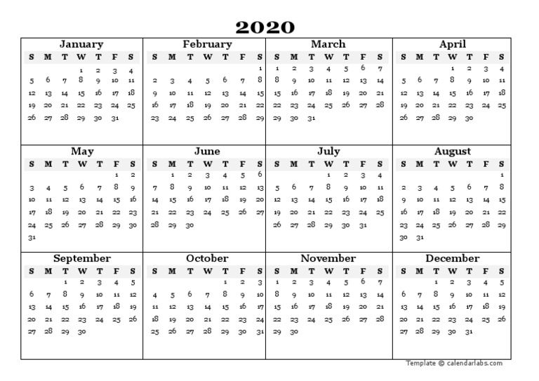 2020 Blank Yearly Calendar Template | PDF