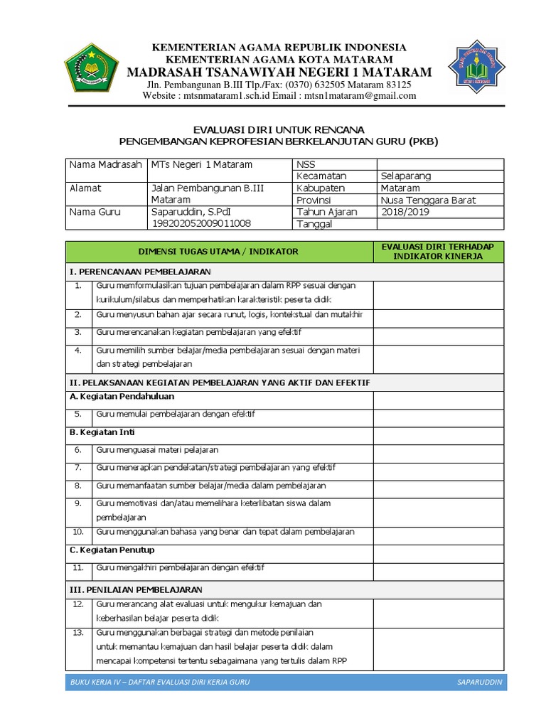 Daftar Evaluasi Diri Kerja Guru | PDF