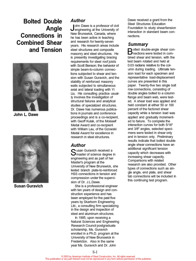 Bolted Double Angle Connections in Combined Shear and Tension | PDF