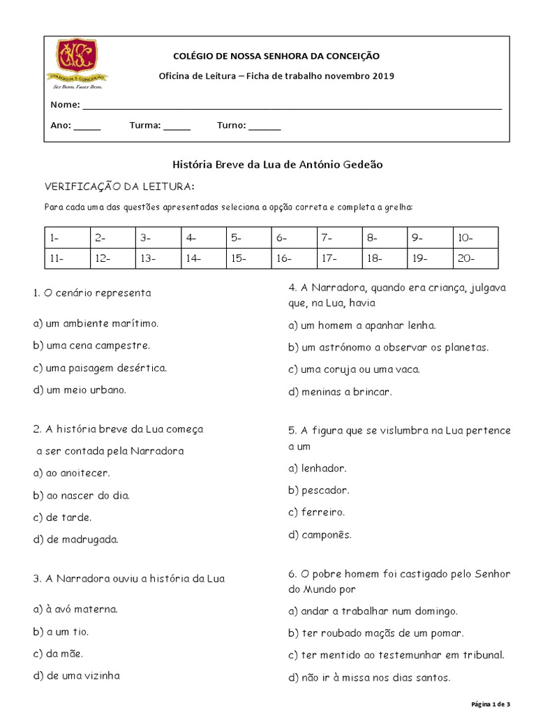Ficha Leitura - História Breve Da Lua - António Gedeão | PDF