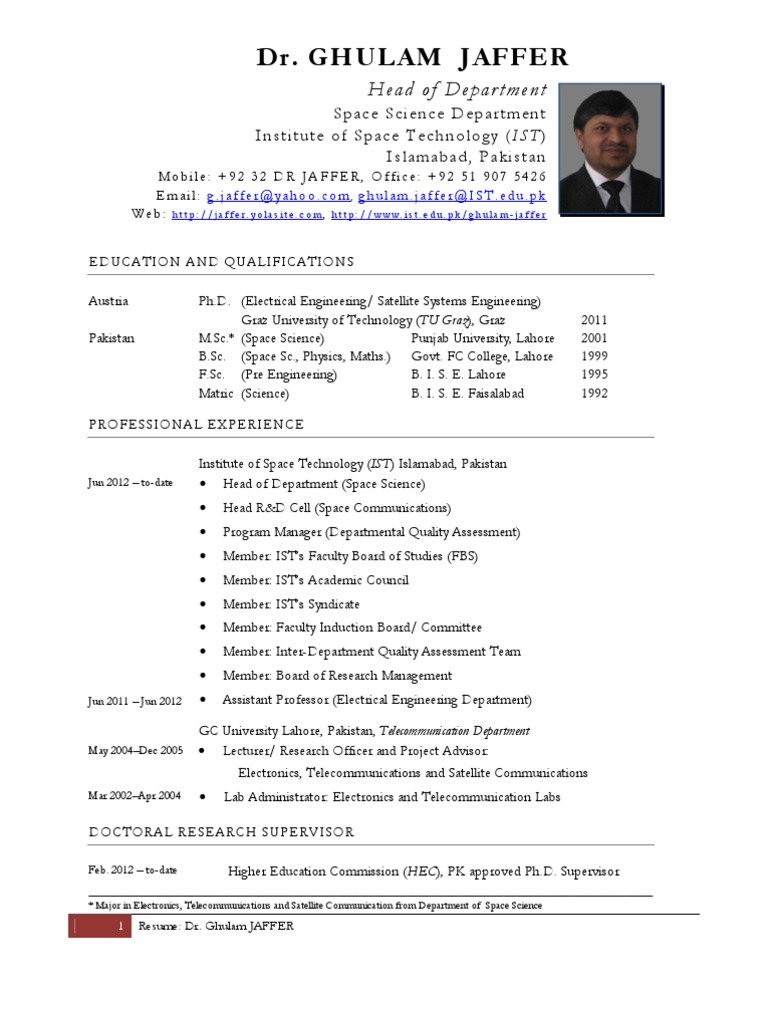 Ghulam Jaffer CV | Download Free PDF | Dean (Education) | Satellite
