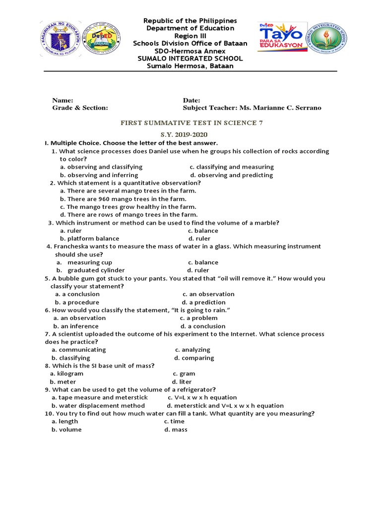 First Summative Test in Science 7 | PDF