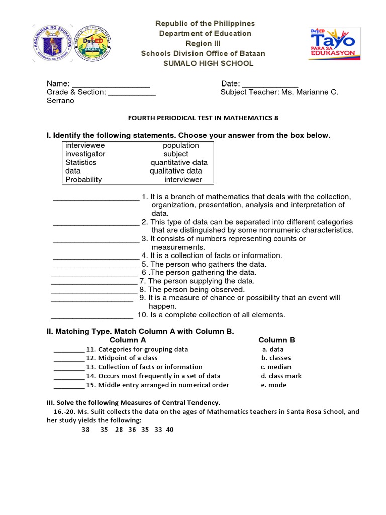 Fourth Periodical Test in Math 8 | PDF