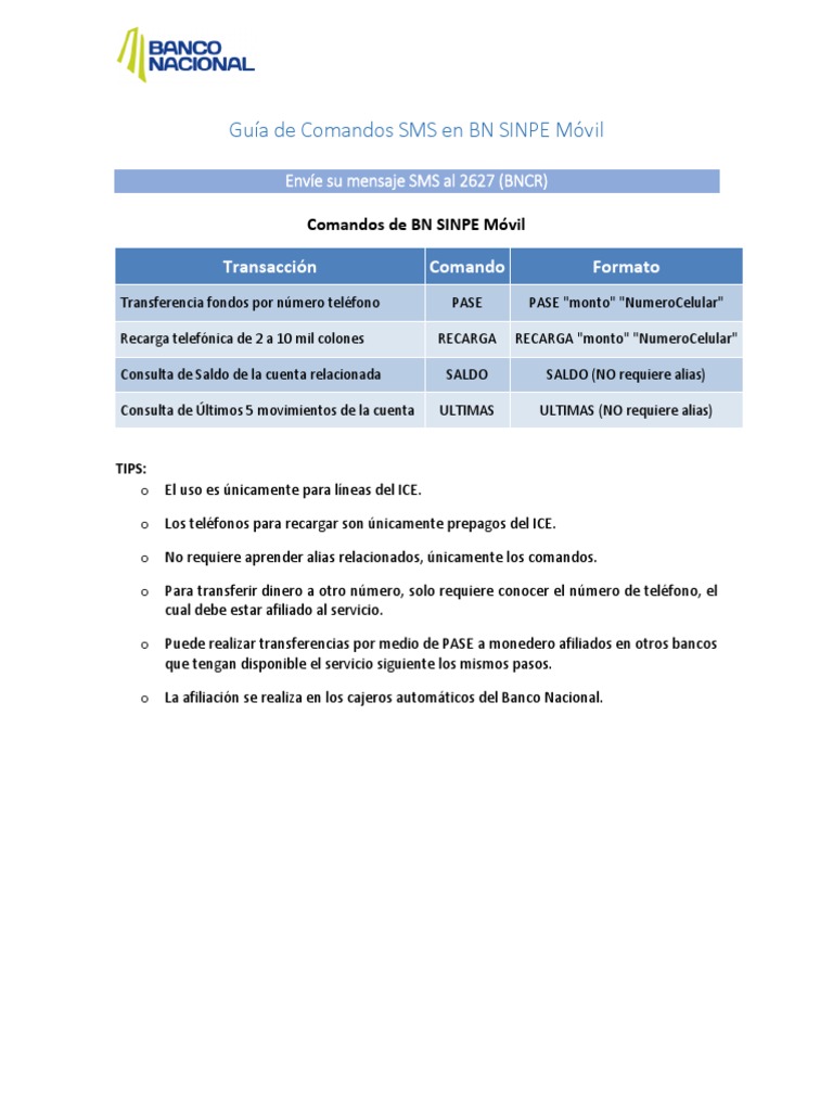 BNCR - BN Sinpe Movil Comandos PDF | PDF | Finanzas y dinero