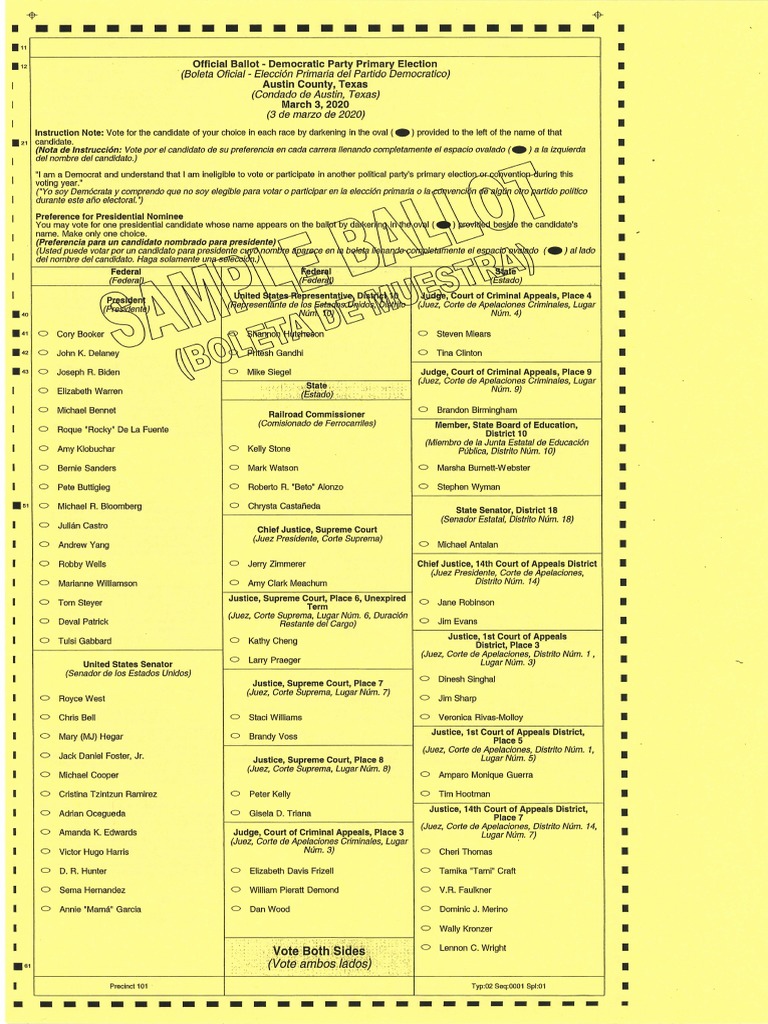 2020 Austin County, Texas Democrat Primary Sample Ballots | PDF