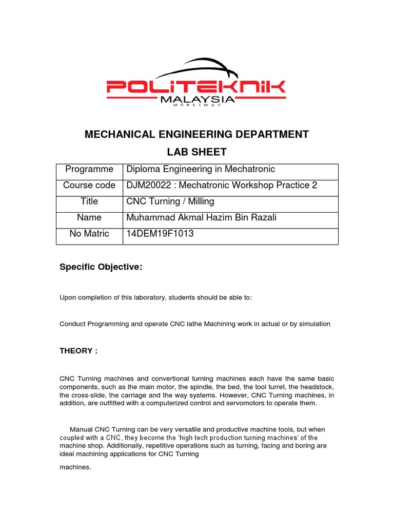 CNC Turning/Milling Lab Sheet | PDF
