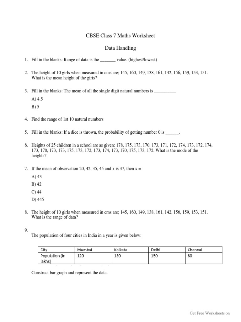 Data Handling CBSE Class 7 Worksheet | PDF