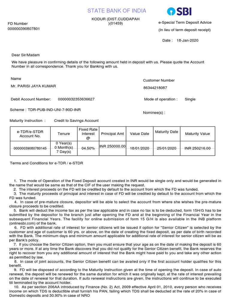 STATE BANK OF INDIA FIXED DEPOSIT DETAILS | PDF