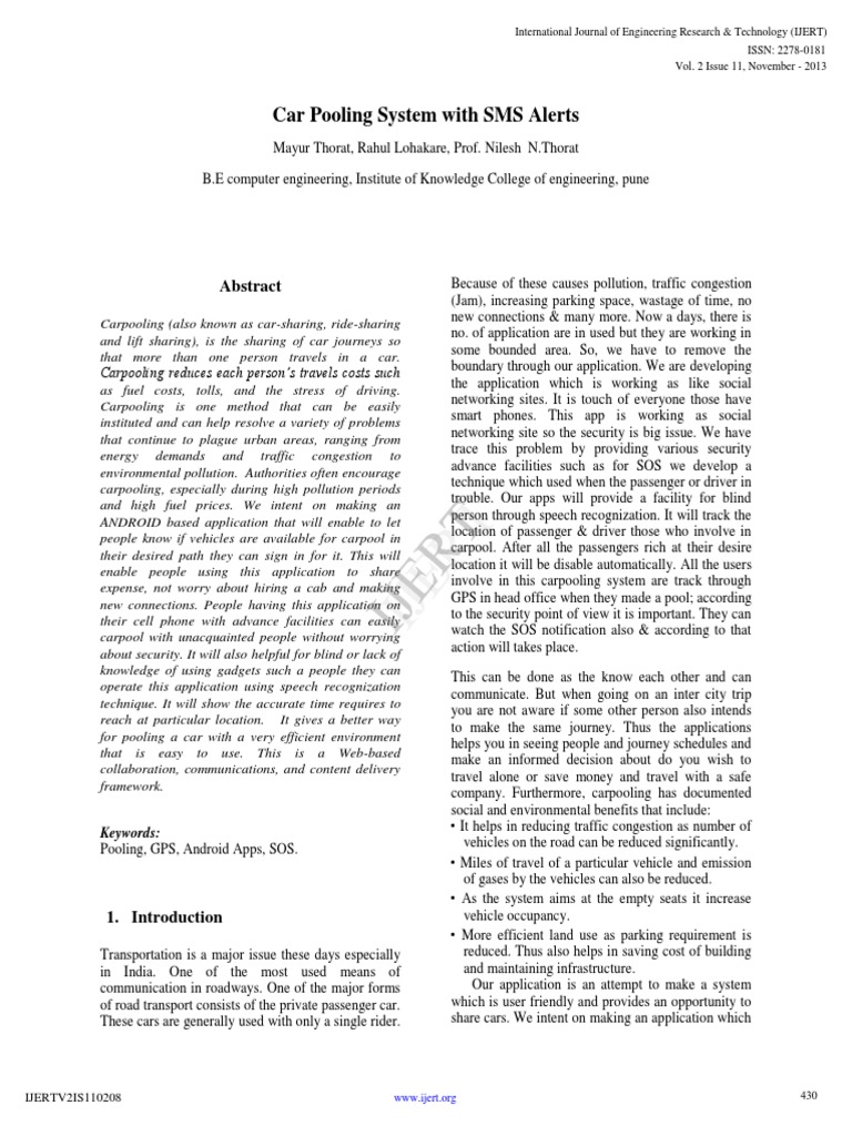 Car Pooling System With Sms Alerts IJERTV2IS110208 | PDF