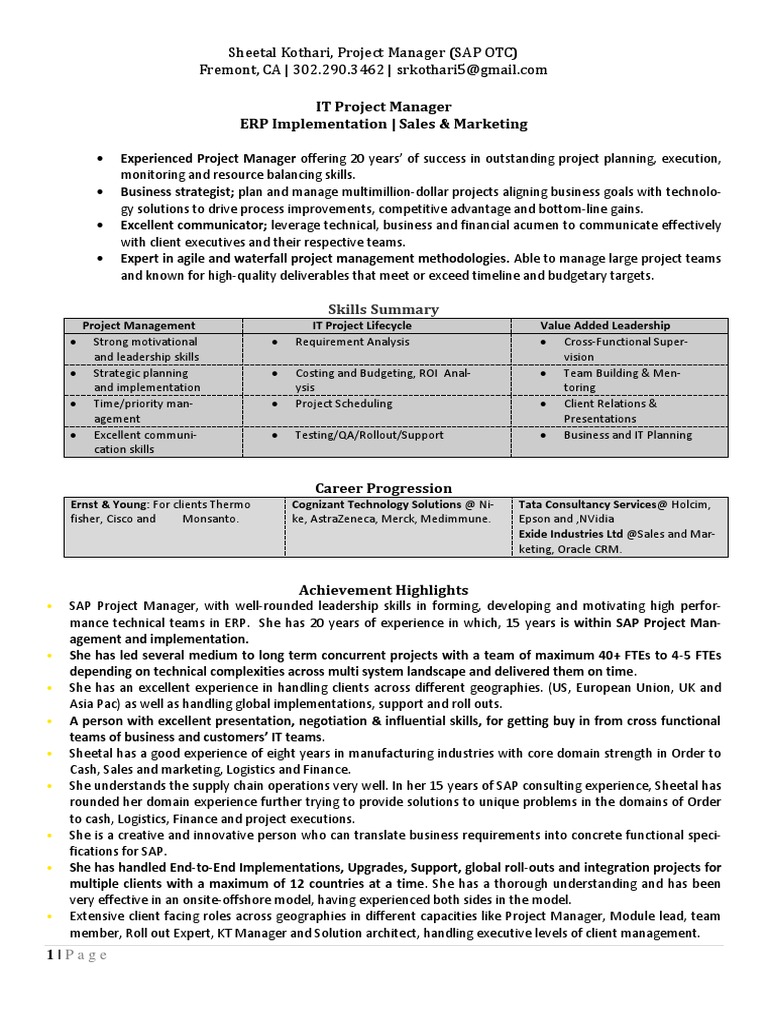SAP Manager SD OTC in USA Resume Sheetal Kothari PDF | PDF
